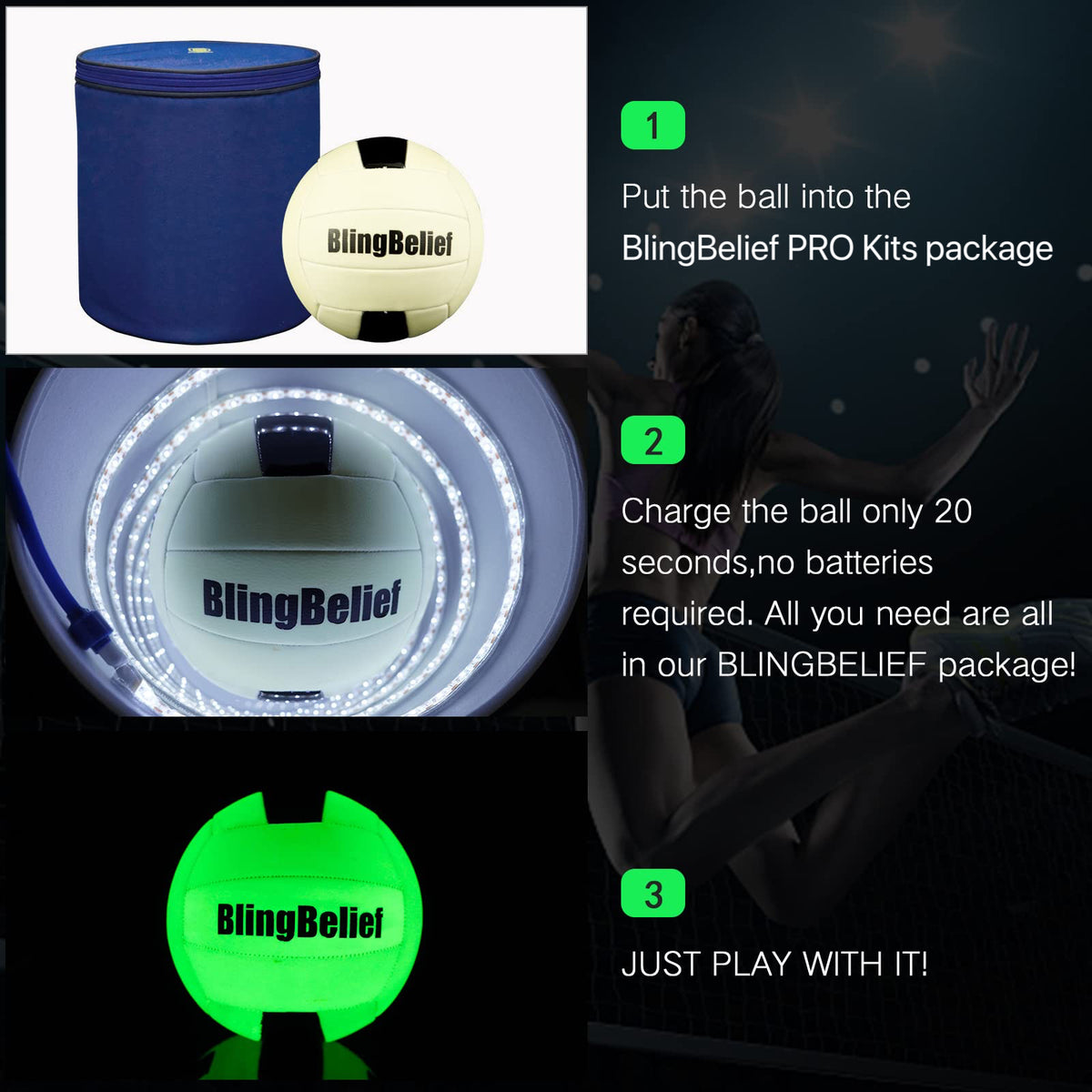 Blingbelief Glow in Dark Volleyball, PRO Kits Charging Light Up ...