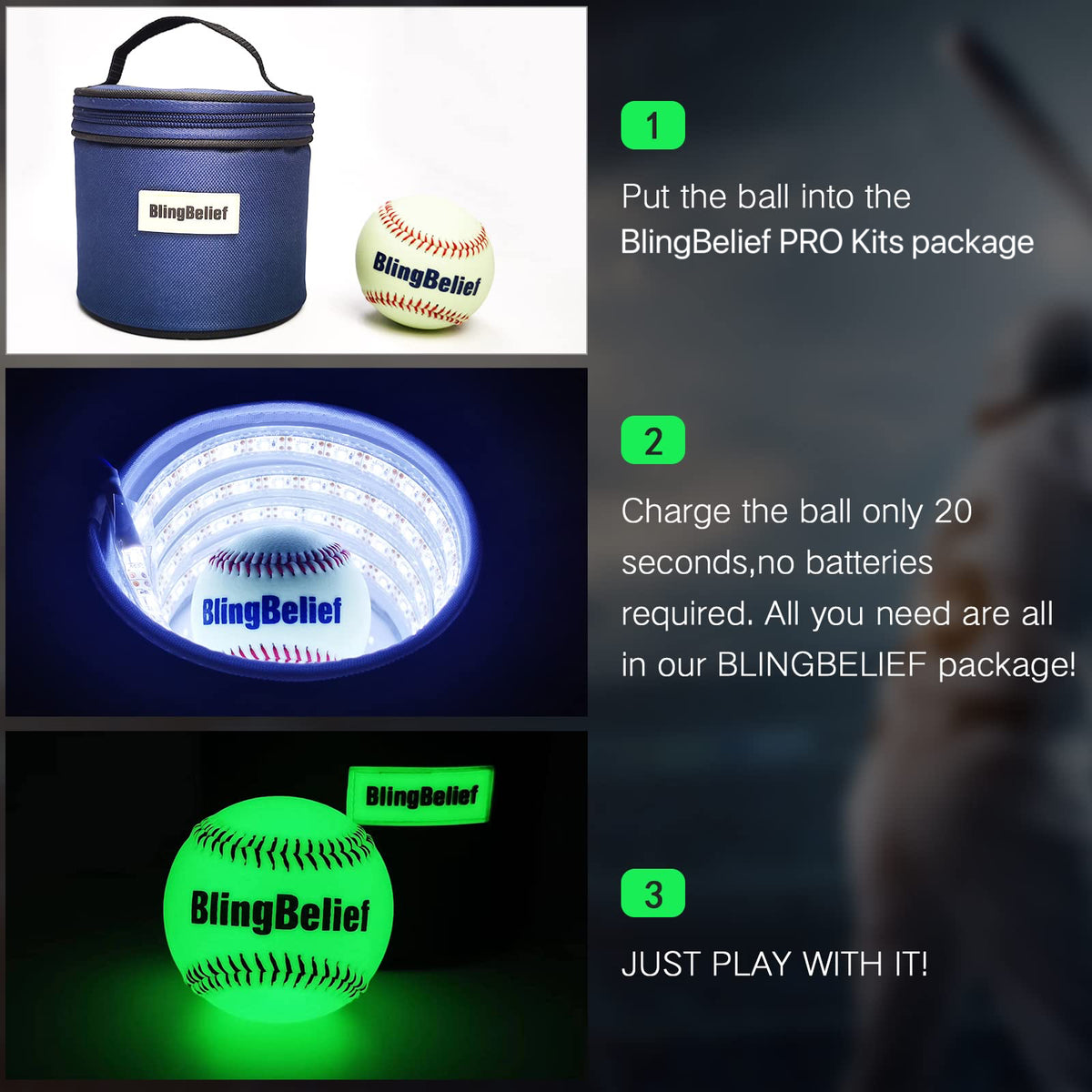 blingbelief Glow in Dark Baseball X3 ,PRO Kits LED Charging Light Up ...